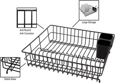 Large Black Dish Drainer & Plate Rack Cutlery Basket Included
