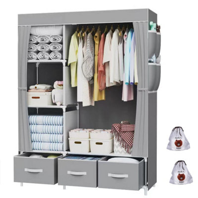 Large Fabric Canvas Wardrobe with Clothes Hanging Rail Shelving Storage ...