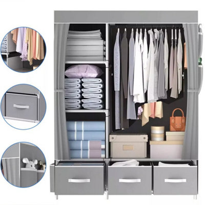 Large Fabric Canvas Wardrobe with Clothes Hanging Rail Shelving Storage ...