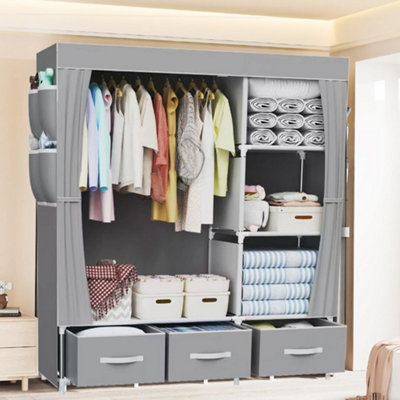 Large Fabric Canvas Wardrobe with Clothes Hanging Rail Shelving Storage ...