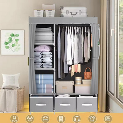 Large Fabric Canvas Wardrobe with Clothes Hanging Rail Shelving Storage ...