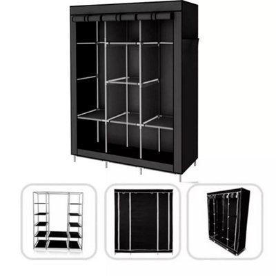 LARGE FABRIC CANVAS WARDROBE WITH HANGING RAIL SHELVING CLOTHES STORAGE ...