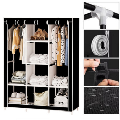 LARGE FABRIC CANVAS WARDROBE WITH HANGING RAIL SHELVING CLOTHES STORAGE ...