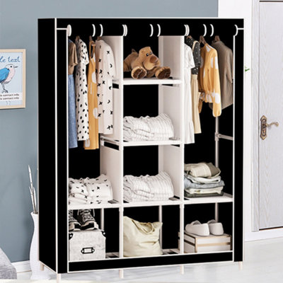 LARGE FABRIC CANVAS WARDROBE WITH HANGING RAIL SHELVING CLOTHES STORAGE ...