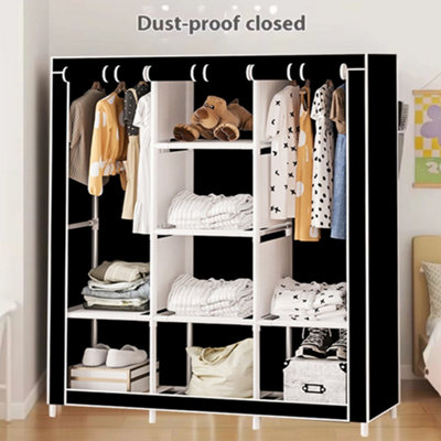 LARGE FABRIC CANVAS WARDROBE WITH HANGING RAIL SHELVING CLOTHES STORAGE ...