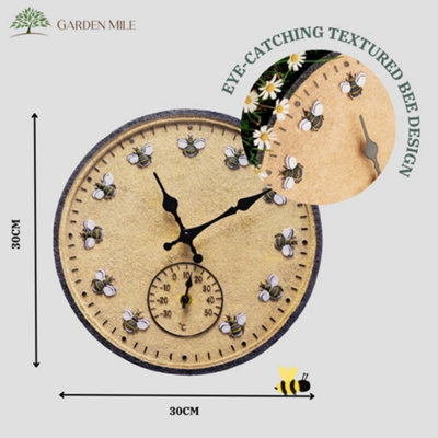 Large Garden Bee Clock with Thermometer - Battery Operated
