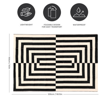 Large Garden Outdoor Rug For Patio, Black & Cream Grid Waterproof ...
