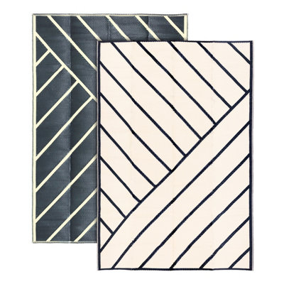 Large Garden Outdoor Rug For Patio, Black & Sand Geo-Lines Waterproof ...