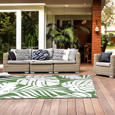 Large Garden Outdoor Rug For Patio, Olive Green Tropical Leaf ...