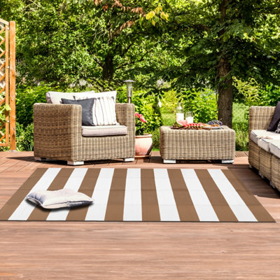 Large Garden Outdoor Rug For Patio, Taupe & White Line Waterproof ...