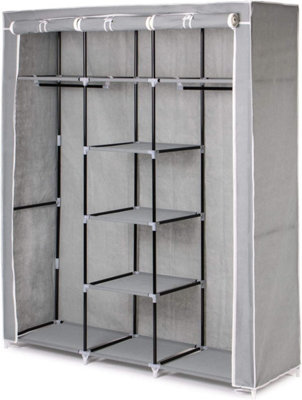 Large Grey Canvas Wardrobe With Hanging Rail Storage Shelves