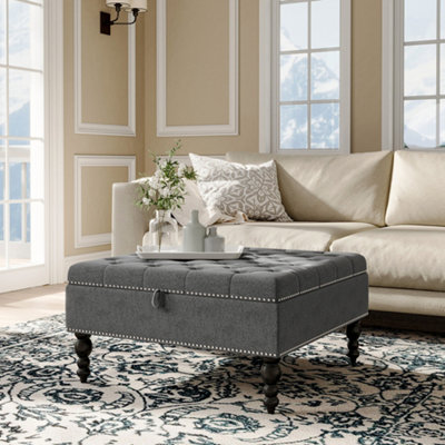 Large Grey Linen Upholstered Storage Ottoman Bench Footstool with Wood ...