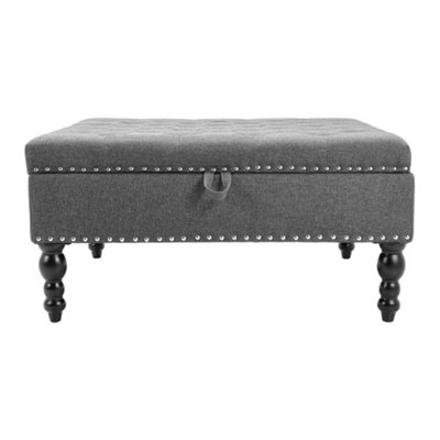 Large Grey Linen Upholstered Storage Ottoman Bench Footstool with Wood ...