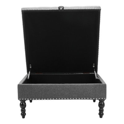 Large Grey Linen Upholstered Storage Ottoman Bench Footstool with Wood ...