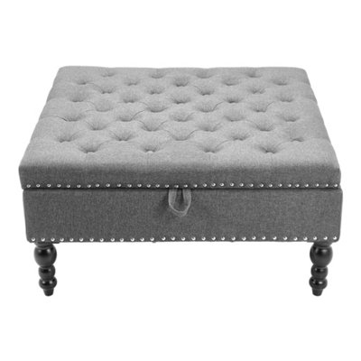 Large Grey Linen Upholstered Storage Ottoman Bench Footstool with Wood ...