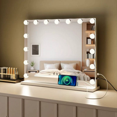 Large Hollywood Vanity Mirror 15 Dimmable LED Dual USB Charging 58x48cm