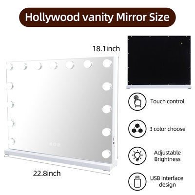 Large Hollywood Vanity Mirror 15 Dimmable LED Dual USB Charging 58x48cm