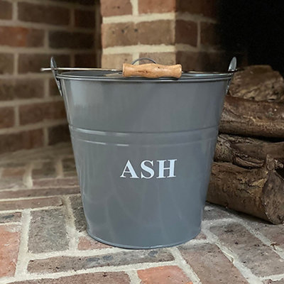 Large Metal Fireside Fireplace Ash Bucket with Lid in French Grey