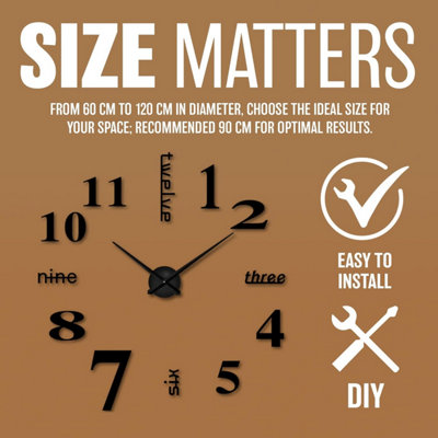Large Modern 3D Stick On Wall Clock Silent Ticking Diy Frameless Funky ...