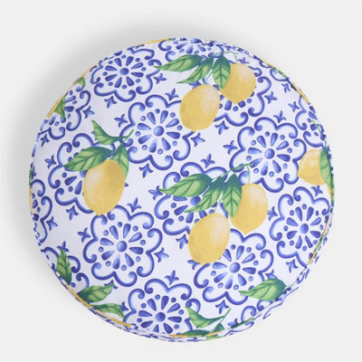 Large Outdoor Cushion Round Decor Garden Filled, Blue Tiles