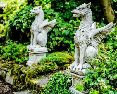 Large Pair Of Winged Stone Griffin Ornaments Gargoyle Gryphon with Plinths