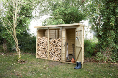 Large Pent Wooden Overlap Log Store with Tool Storage (2.7m x 0.9m)