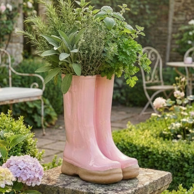 Large Pink Double Wellington Boots Outdoor Ceramic Flower Pot Garden ...
