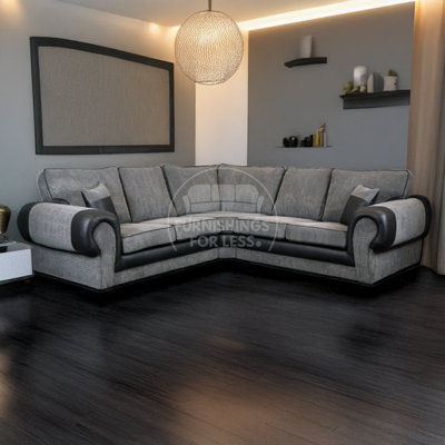 Large Portland Black and Grey Fabric and Leather 5 Seater L Shaped Corner Sofa Range Roll Arm Fullback