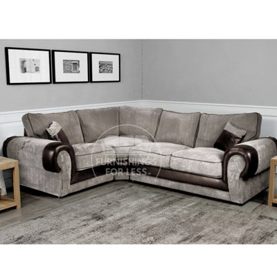 Large Portland Brown and Beige Fabric and Leather 4 Seater L Shaped Corner Sofa Roll Arm ...