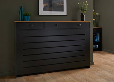 Large Radiator Cover with Drawers and Oak-effect Top in Black | DIY at B&Q