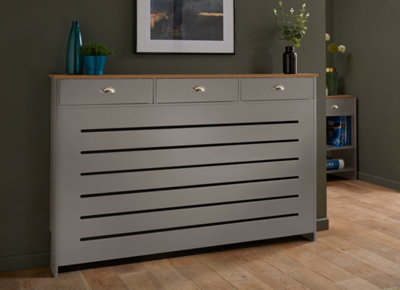 Large Radiator Cover with Drawers and Oak-effect Top in Grey
