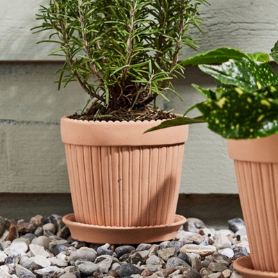 Large Ribbed Flower Pots with Overflow Tray Orange Clay Indoor Outdoor ...