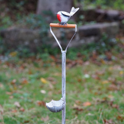 Large Robin on Shovel Bird Feeder Metal Garden Ornament Bath Sculpture ...