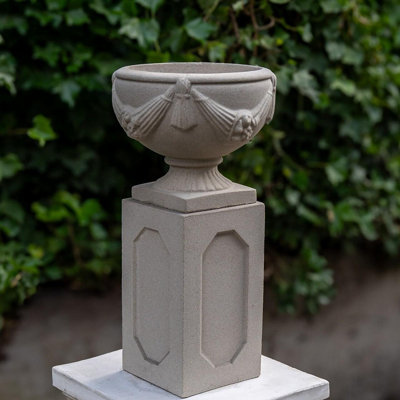 Large Round Sandstone Garden Urn on Square Plinth at B&Q