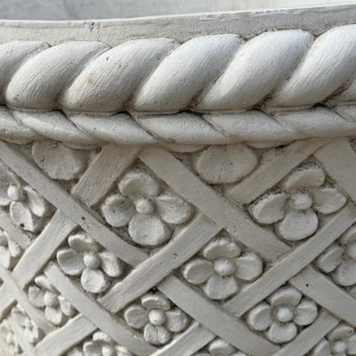 Large Round White Stone Cast Wicker/Flower Design Planter Pot