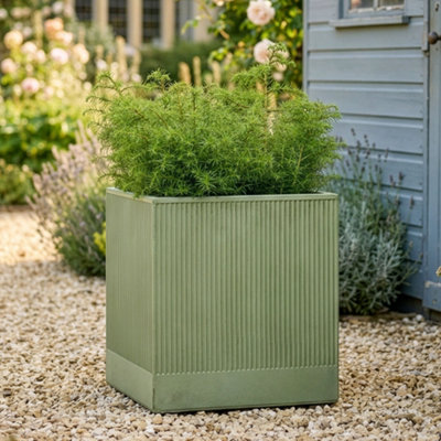 Large Sage Green Ribbed Finish Fibre Clay Indoor Outdoor Garden Plant ...