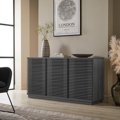 Large Sideboard Cabinet 3 Door Cupboard Storage Slatted Front Design Grey Wood Grain Effect