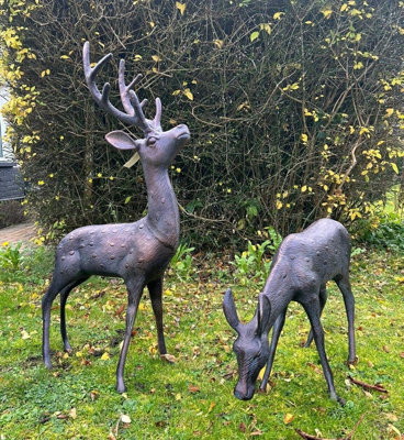 Large Stag and Doe Deer Garden Sculptures cast Aluminium with aged finish
