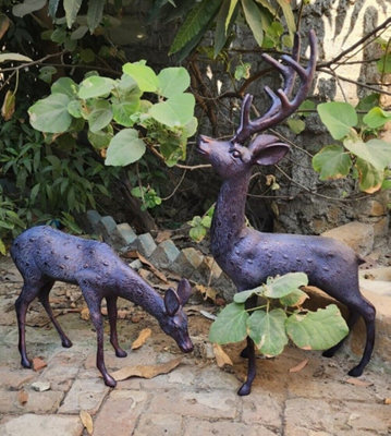 Large Stag and Doe Deer Garden Sculptures cast Aluminium with aged finish