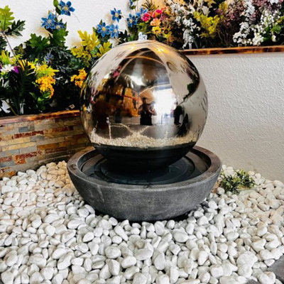 Large Stainless Sphere Resin Base Solar Powered Water Feature With Cover
