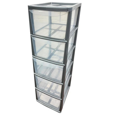 Large Tall Silver 5 Drawer Storage Tower Unit For Home Office & Schools