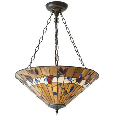 Large Tiffany Glass Pendant Ceiling Light - Dark Bronze Finish - 3 x ...
