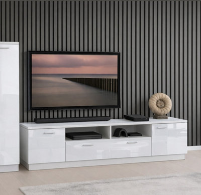 Large TV Unit with Drawers Cabinet Entertainment Media Stand White ...