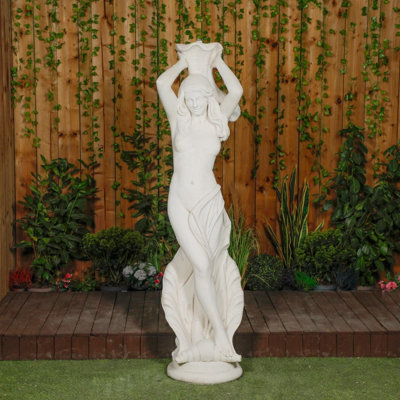 LARGE WHITE STONE LADY STATUE HOLDING SHELL WATER FEATURE