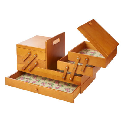 Large Wooden Cantilever Sewing Box Stained wood with Rosebud Design ...
