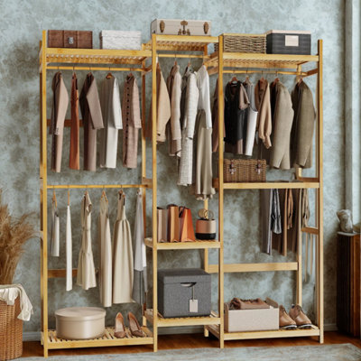 Large Wooden Clothes Rack Open Wardrobe With Storage Shelves