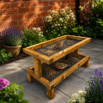 Large Wooden Ground Bird Feeder with Two Tier Metal Mesh Trays for Wild ...