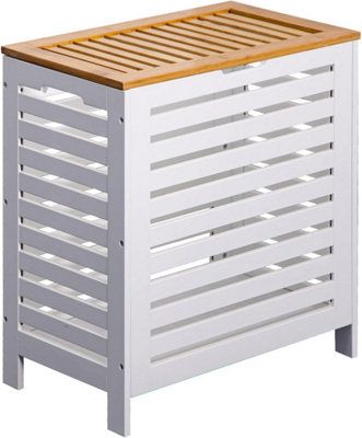 Large Wooden Laundry Basket Clothes Bin with Lid White & Oak ...