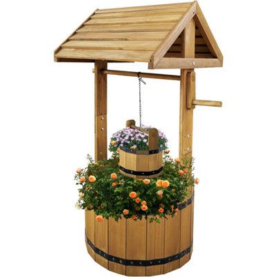 Large Wooden Wishing Well Planter Large Solid Pine Garden Plant Flower ...
