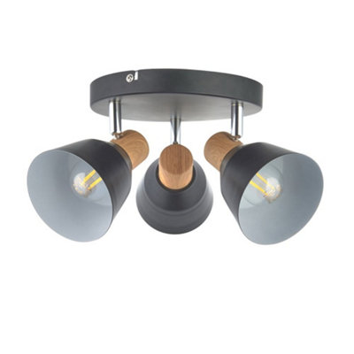 Larren - Matt Black & Wood Detail 3 Way Adjustable Ceiling Spotlight